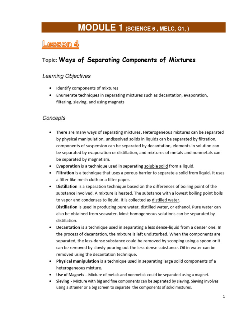 Ways of Separating Components of Mixtures: Learning Objectives | PDF ...