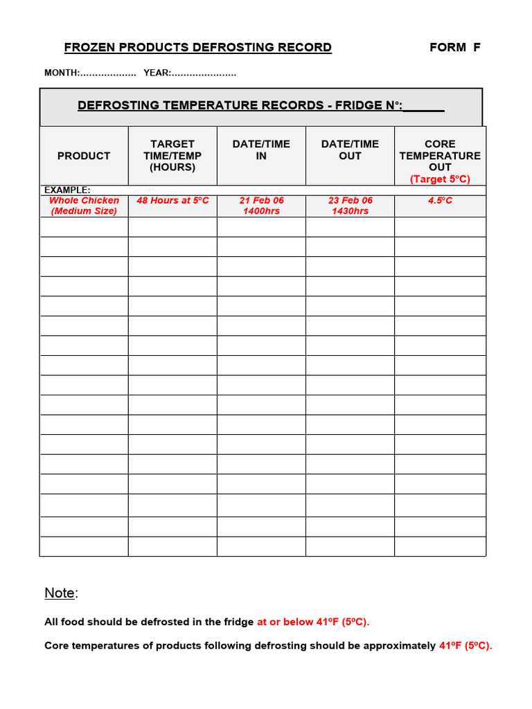 Form F Defrosting Record | PDF Form F Defrosting Record | PDF