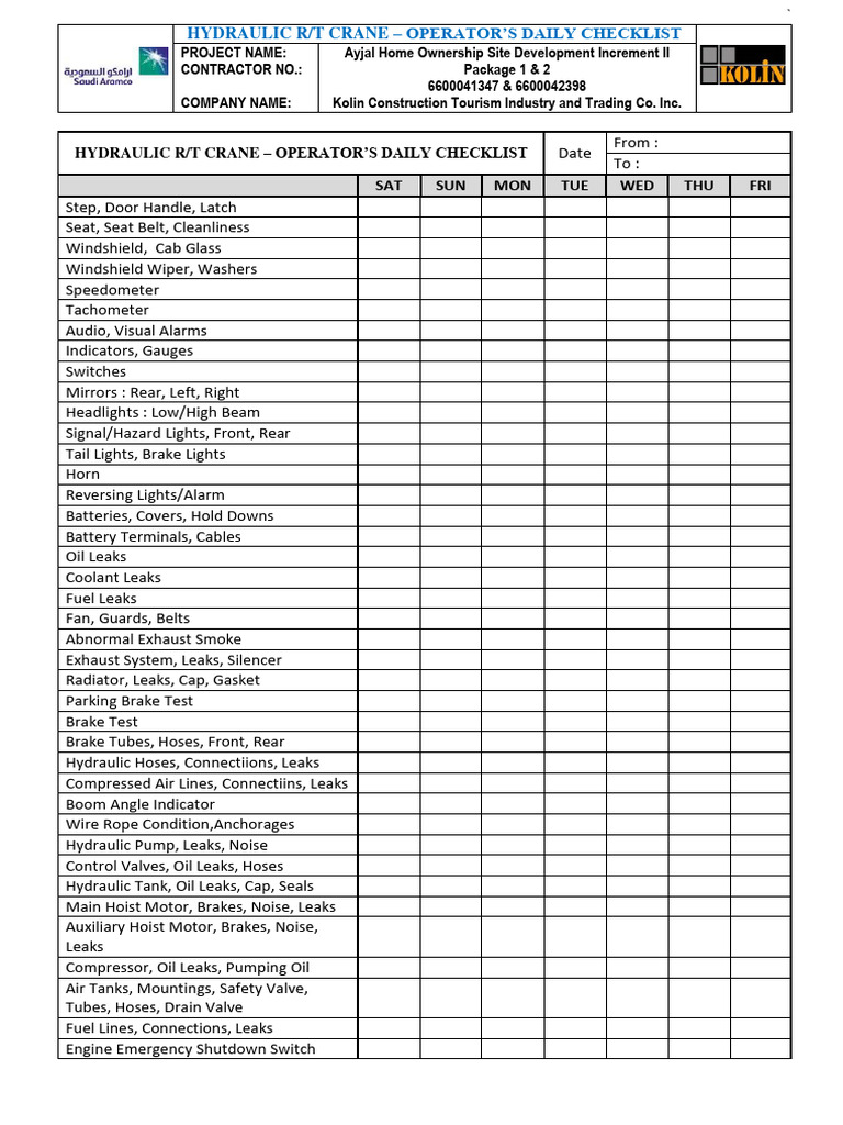 FC 4.1.1 - Hydraulic RT Crane Checklist Form | Download Free PDF ...