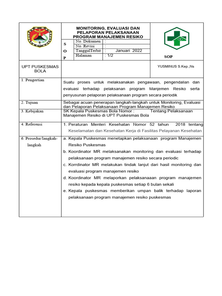 Sop Monitorin, Evaluasi Dan Pelaporan Pelaksanaan Program Manajemen Resiko | PDF