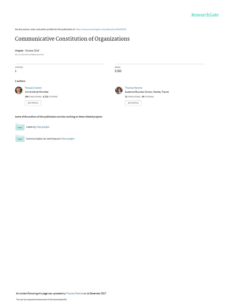 Communicative Constitution of Organization. Cooren and Martine 2016 ...