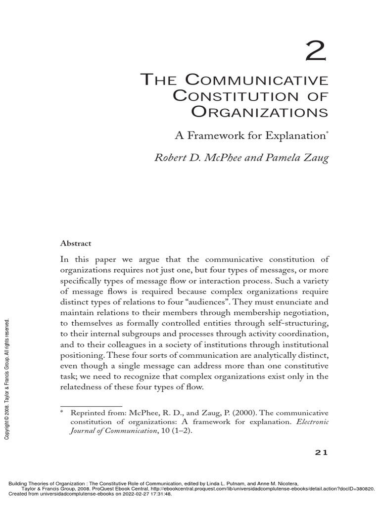 McPhee Zaug THE - COMMUNICATIVE CONSTITUTION OF ORGANIZATIONS A Framework For Explanation | PDF