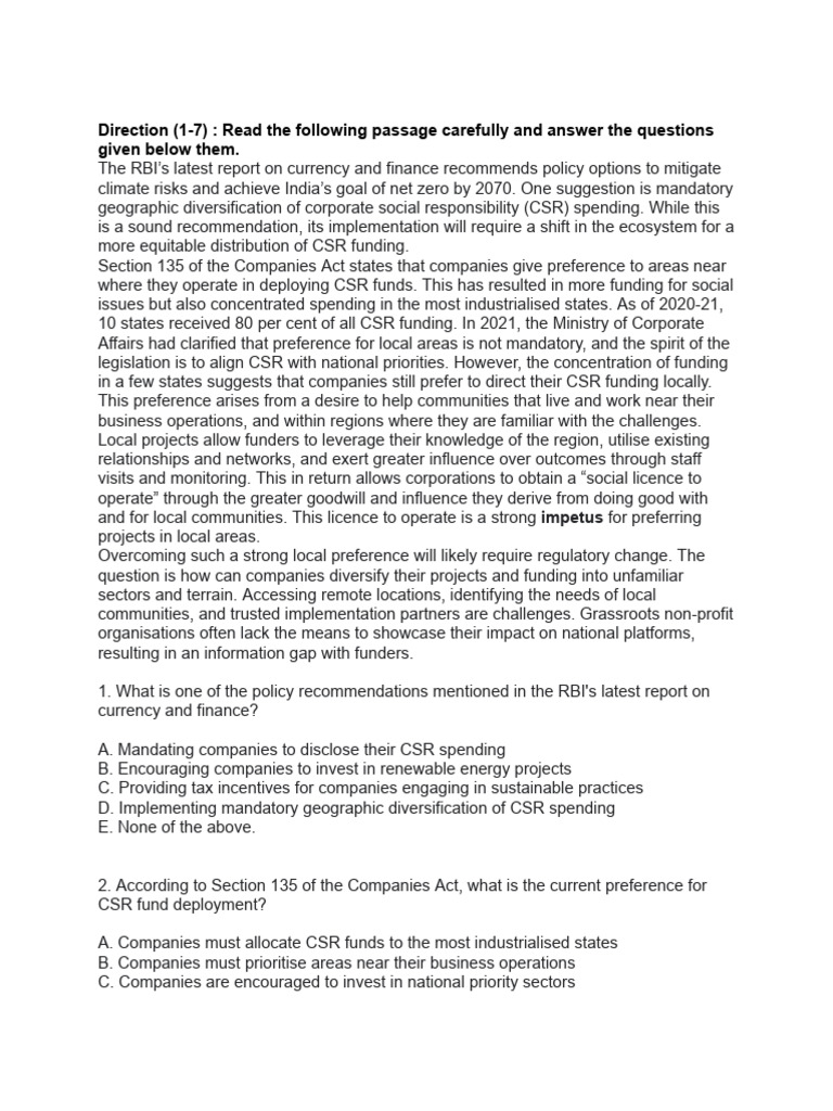 Direction (1-7) : Read The Following Passage Carefully and Answer The ...