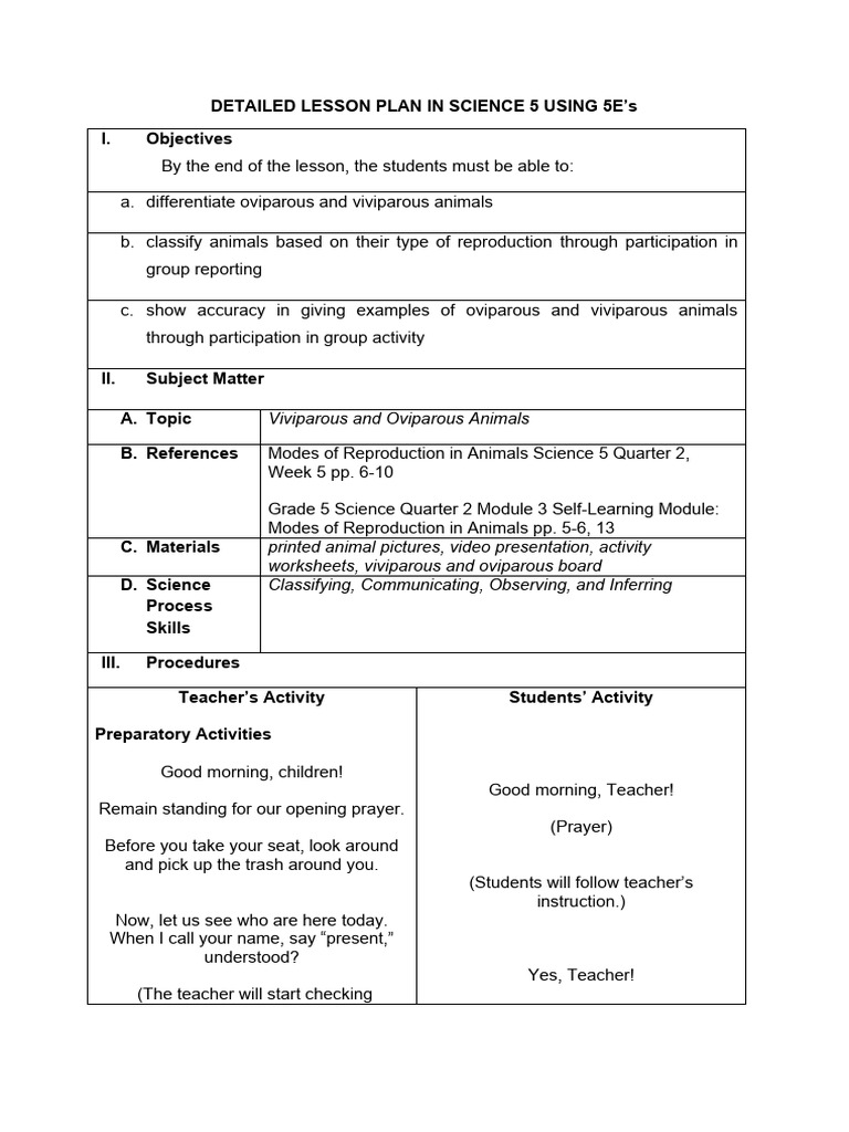 Detailed Lesson Plan in Science 5 Using 5E'S I. Objectives: Viviparous ...