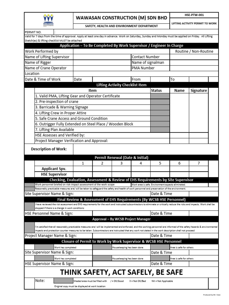 Lifting Activity Permit to Work Guide | PDF
