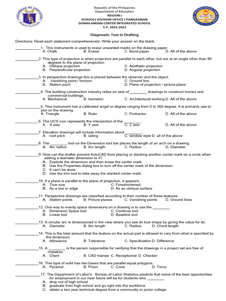 Diagnostic Test for Drafting Skills | PDF | Technical Drawing | Drawing