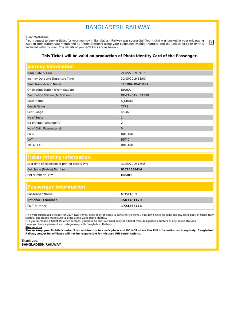 Bangladesh Railway E-Ticket Details | PDF | Ticket (Admission ...