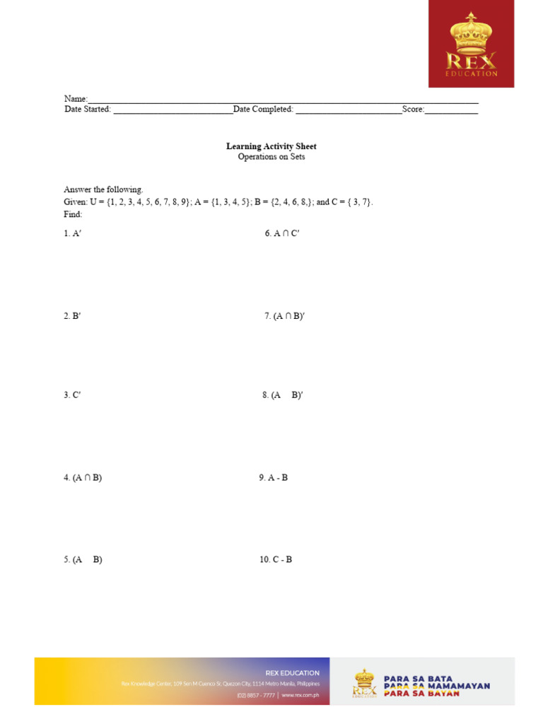 Operations on Sets Activity Sheet | PDF