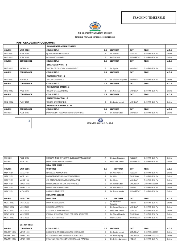 Consolidated Teaching Timetable For September - December 2023 Semester ...