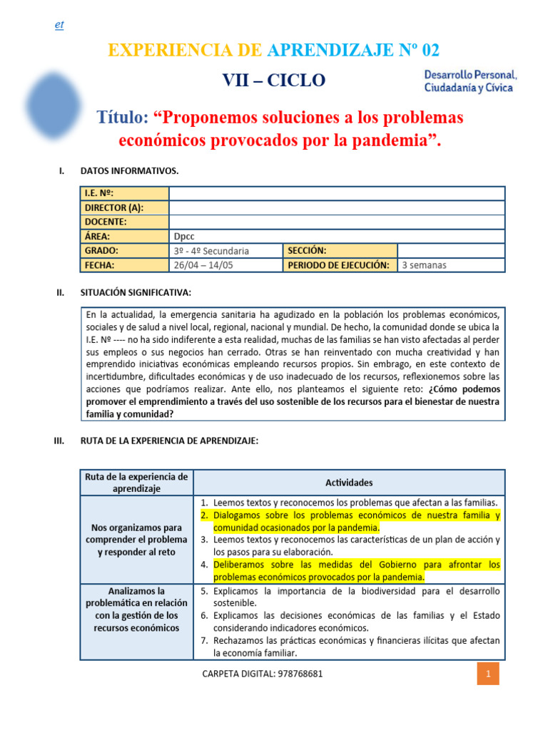 3º-4º EXPERIENCIA DE APRENDIZAJE Nº2-DPCC | PDF