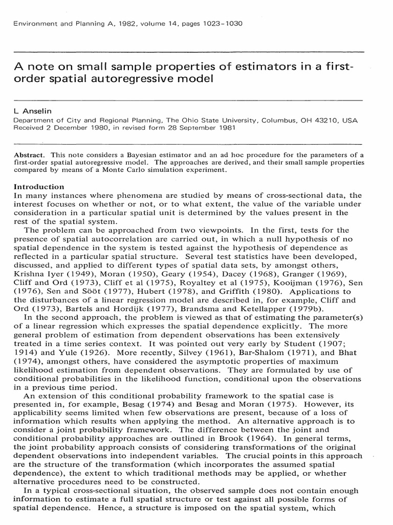 A Note On Small Sample Properties of Estimators in A First-Order Spatial Autoregressive Model ...