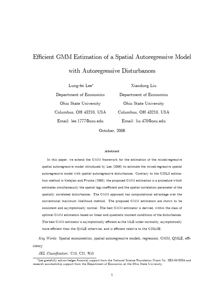 Efficient GMM Estimation of A Spatial Autoregressive Model With Autoregressive Disturbances ...