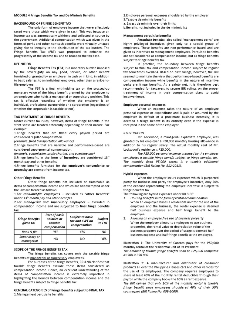 MODULE 4 Fringe Benefits Tax and De Minimis Benefits | PDF