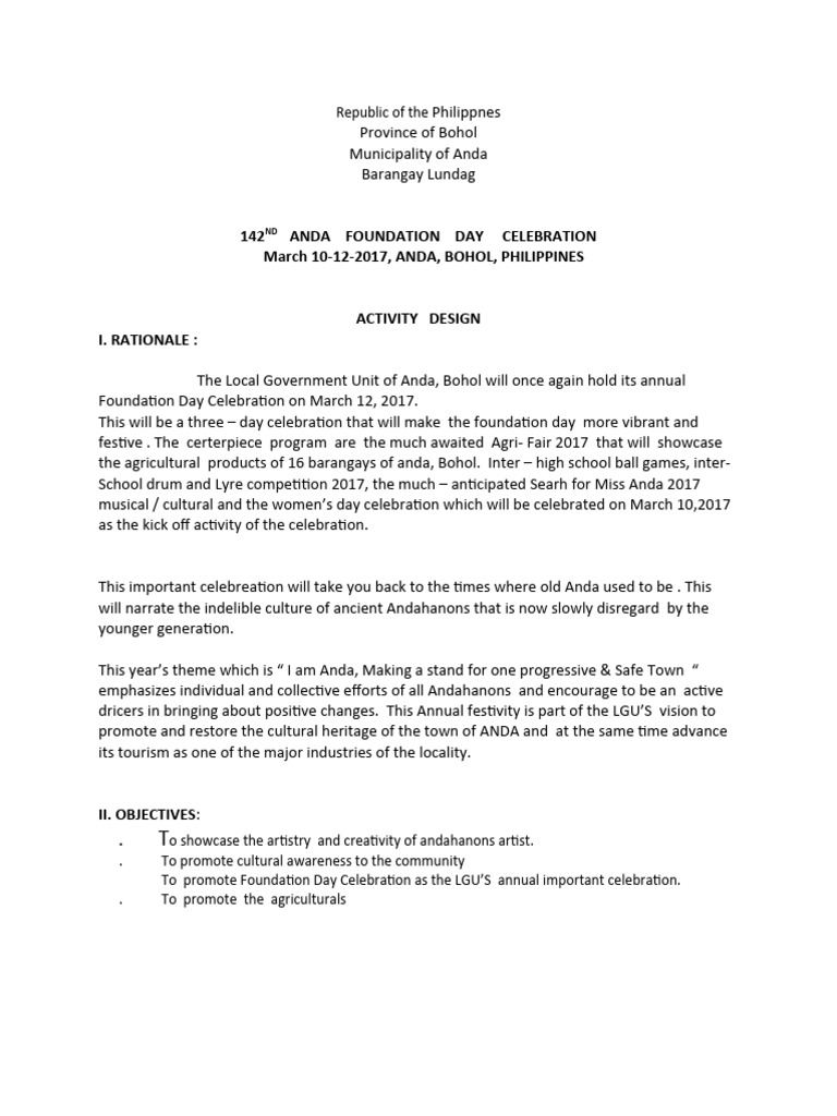 Activity Design Sa Foundation Day Anda | PDF