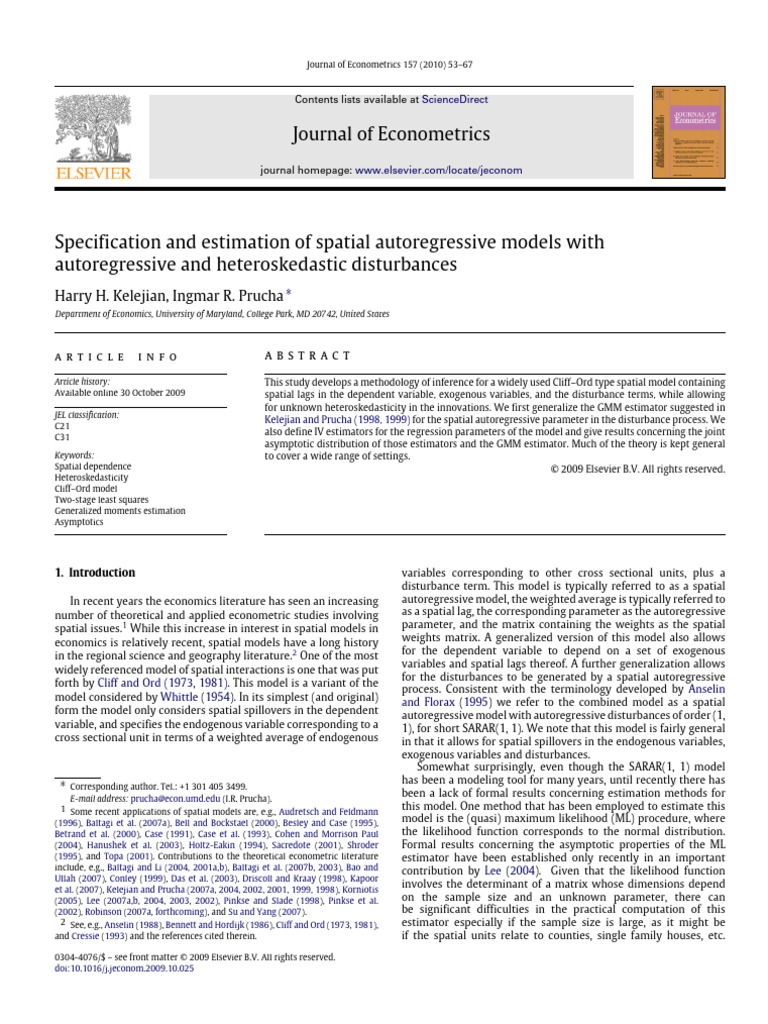 Specification And Estimation Of Spatial Autoregressive Models With