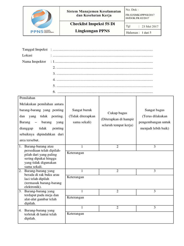 Checklist Inspeksi 5S PPNS | PDF