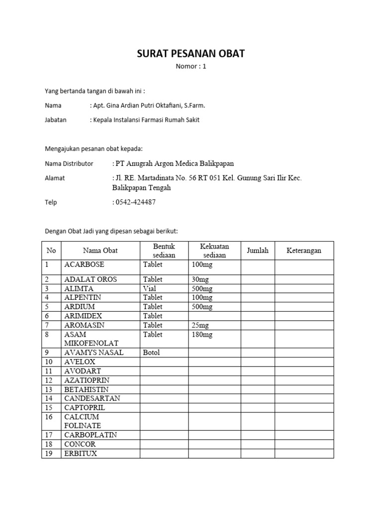 (Contoh) SURAT PESANAN OBAT | PDF
