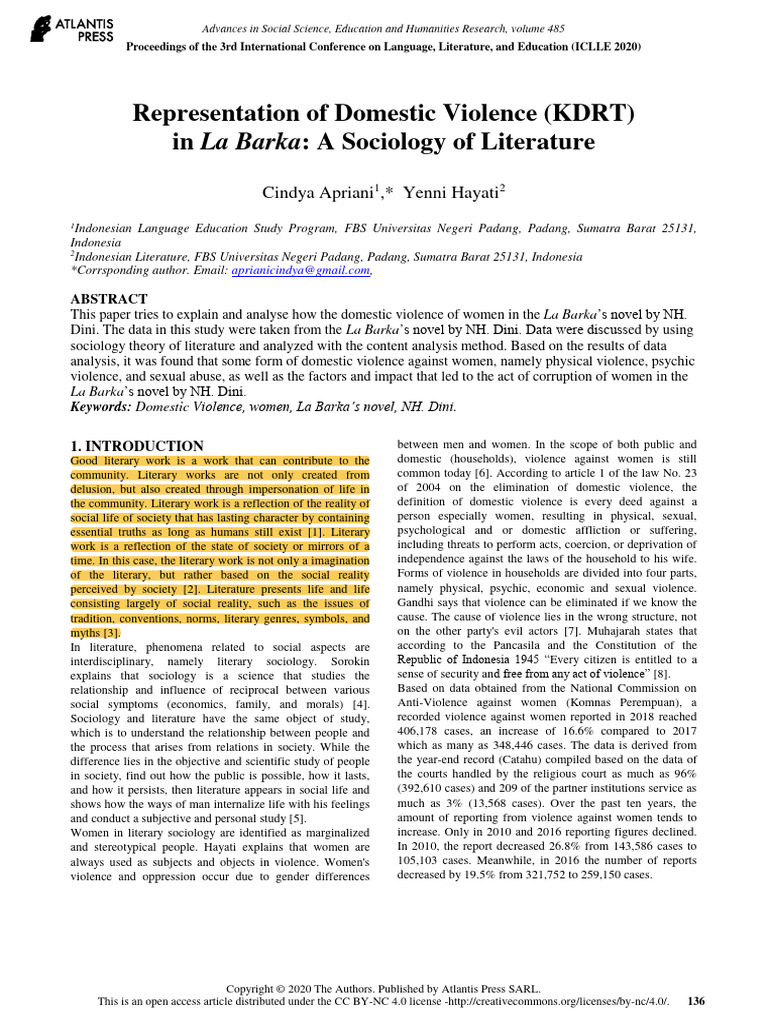 Representation of Domestic Violence (KDRT) in La Barka: A Sociology of Literature | PDF
