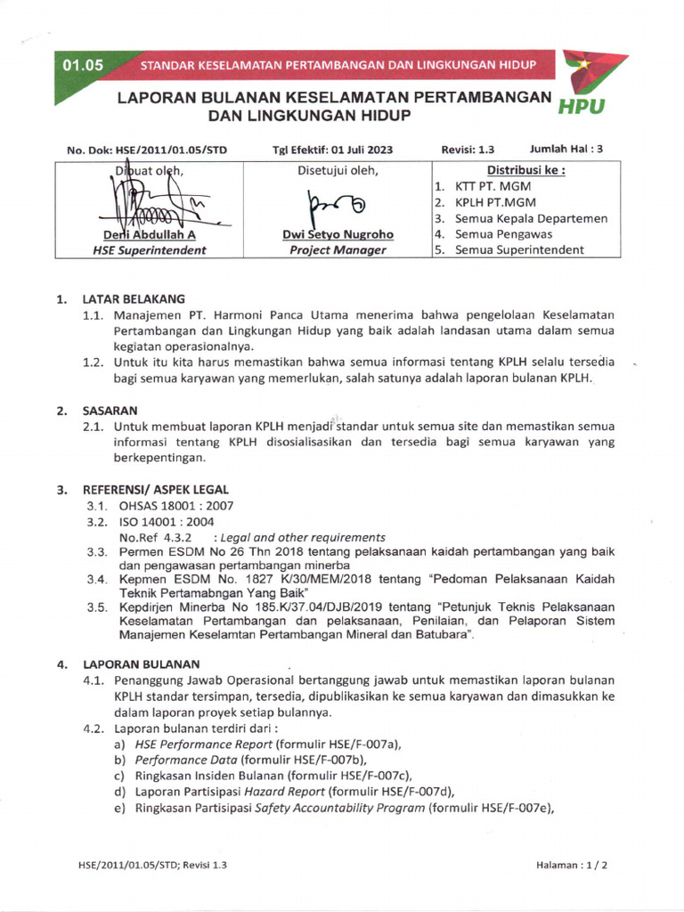 HPU 01.05 HSE-2011-STD Rev 1.2 - Laporan Bulanan | PDF