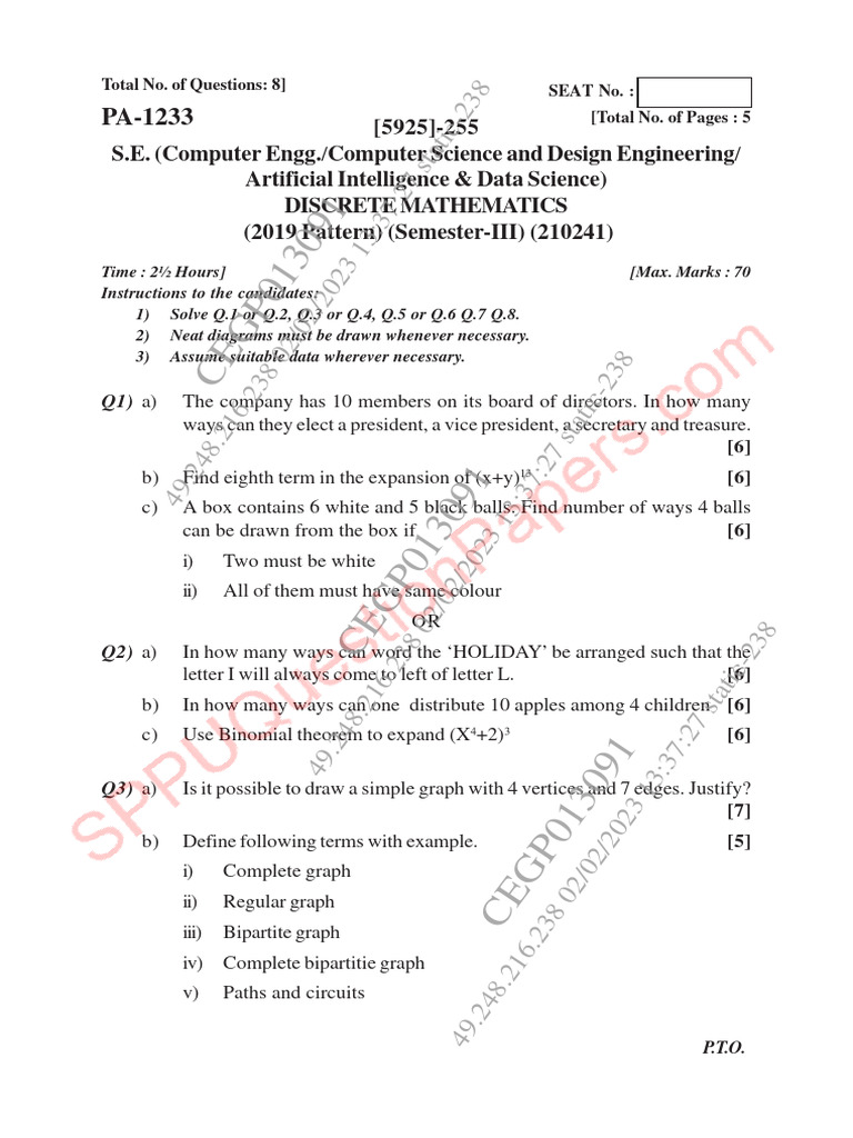 Be Computer Engineering Semester 3 2022 November Discrete Mathematics Dm Pattern 2019 | PDF