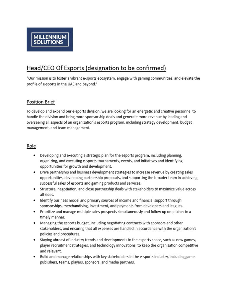 Esports Division Head Job Description | PDF | Business | Economies