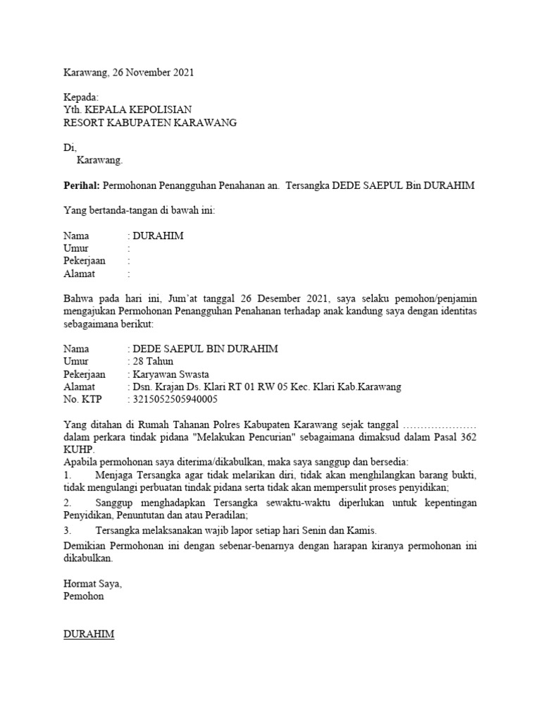 PERMOHONAN PENANGGUHAN PENAHANAN | PDF