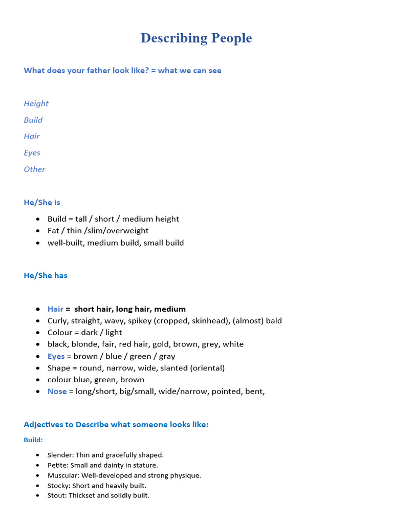 Describing People | PDF | Hair | Eye