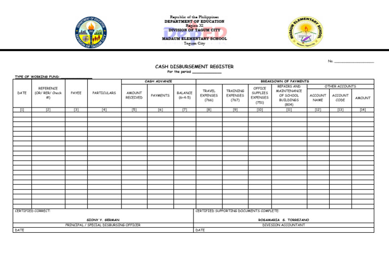 CASH DISBURSEMENT REGISTER | PDF | Cheque | Personal Finance