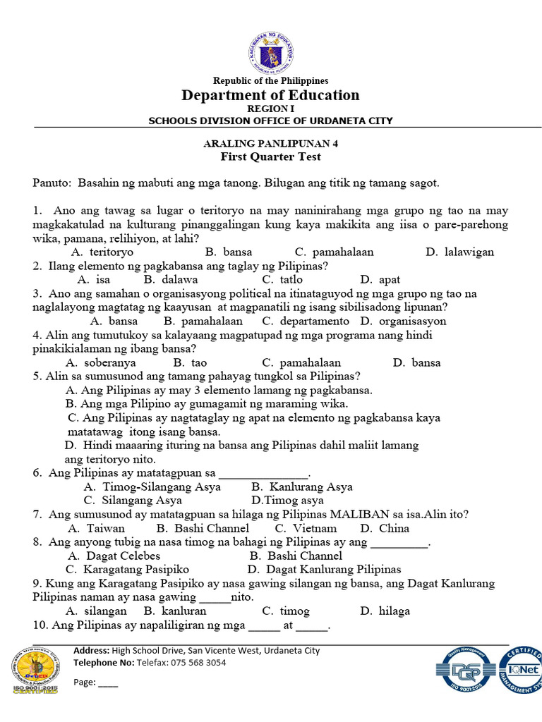 First Quarter Test in AP4 | PDF