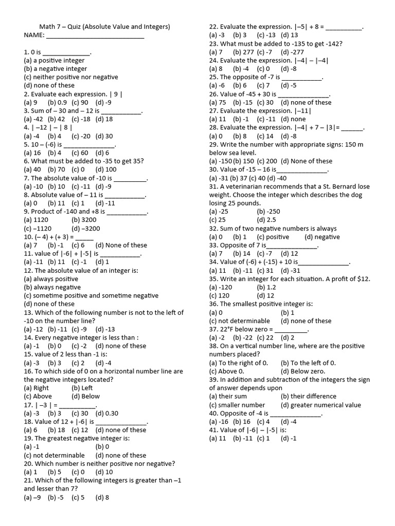 Quiz On Integers Quarter 1 | PDF | Numbers | Integer