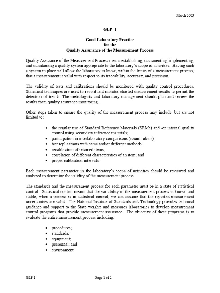 NISTIR 6969 - Good Laboratory Practice For The Quality Assurance of The ...