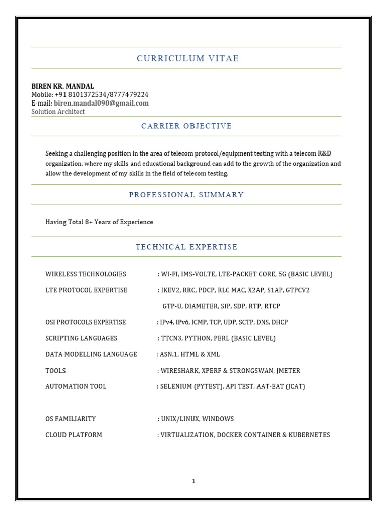 BIREN MANDAL RESUME IMS-Volte Automation & LTE Packet Core Engineer ...