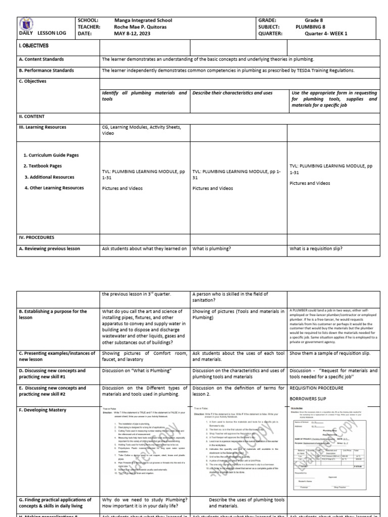 Dll-Tle8-Plumbing Week-1 | PDF | Plumbing | Learning