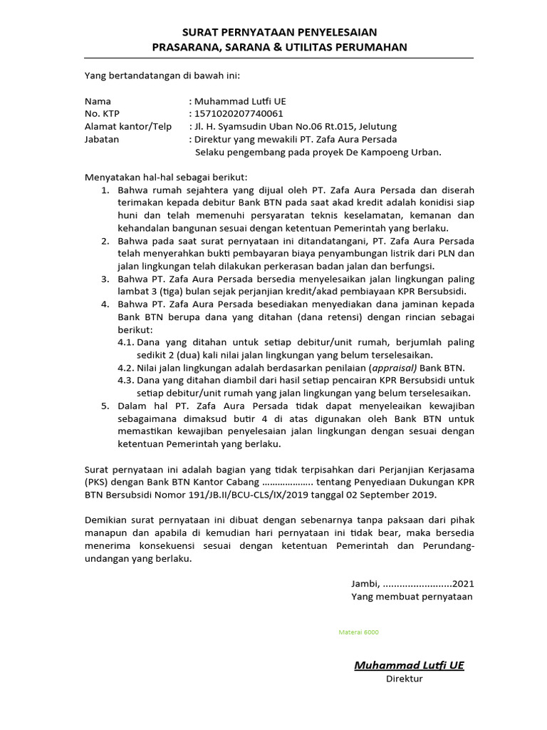 Surat Pernyataan Penyelesaian KPR BTN | PDF | Bisnis | Pengelolaan Keuangan & Uang
