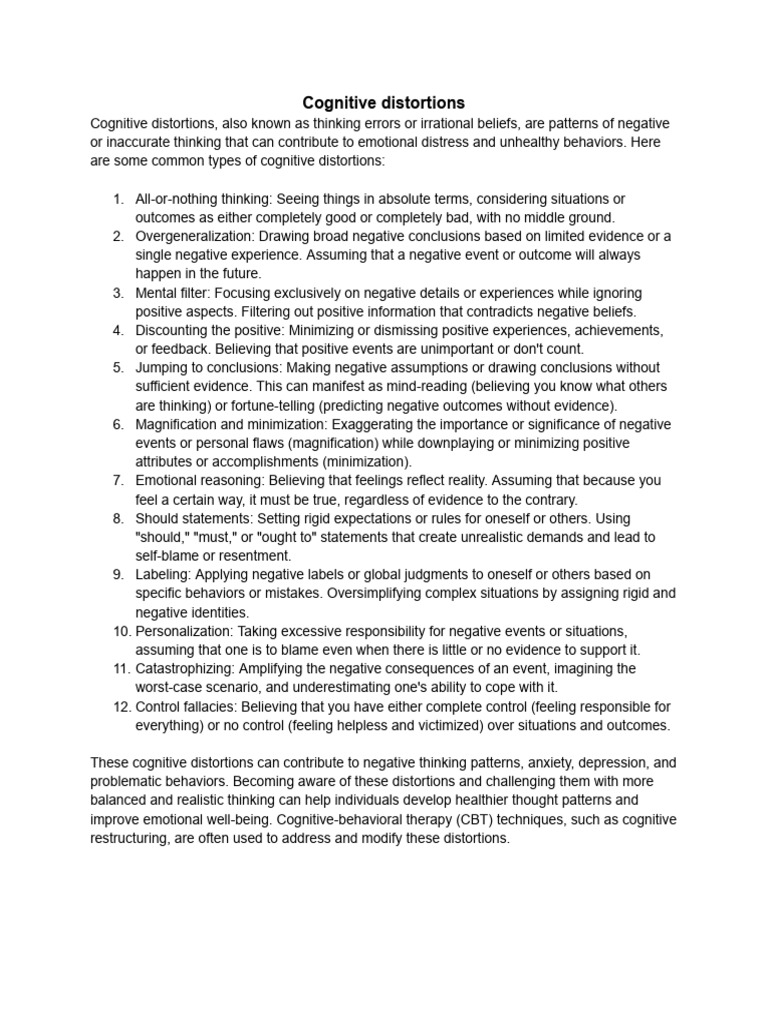Psychoeducation sheet - Cognitive Distortions | PDF | Psychology ...