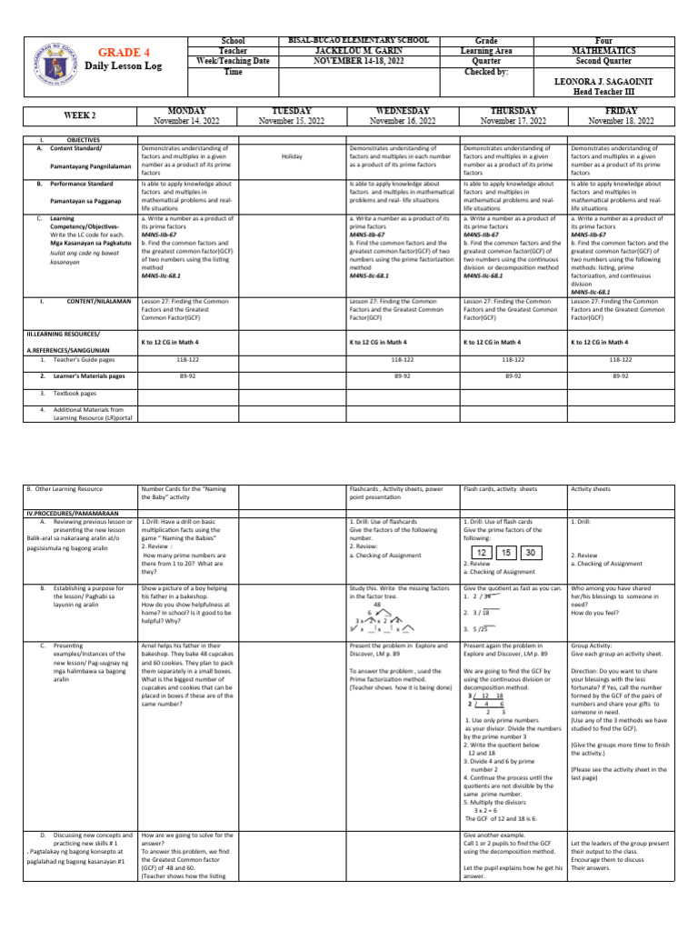 Grade 4 DLL Quarter 2 Week 2 (Sir Bien Cruz) | PDF