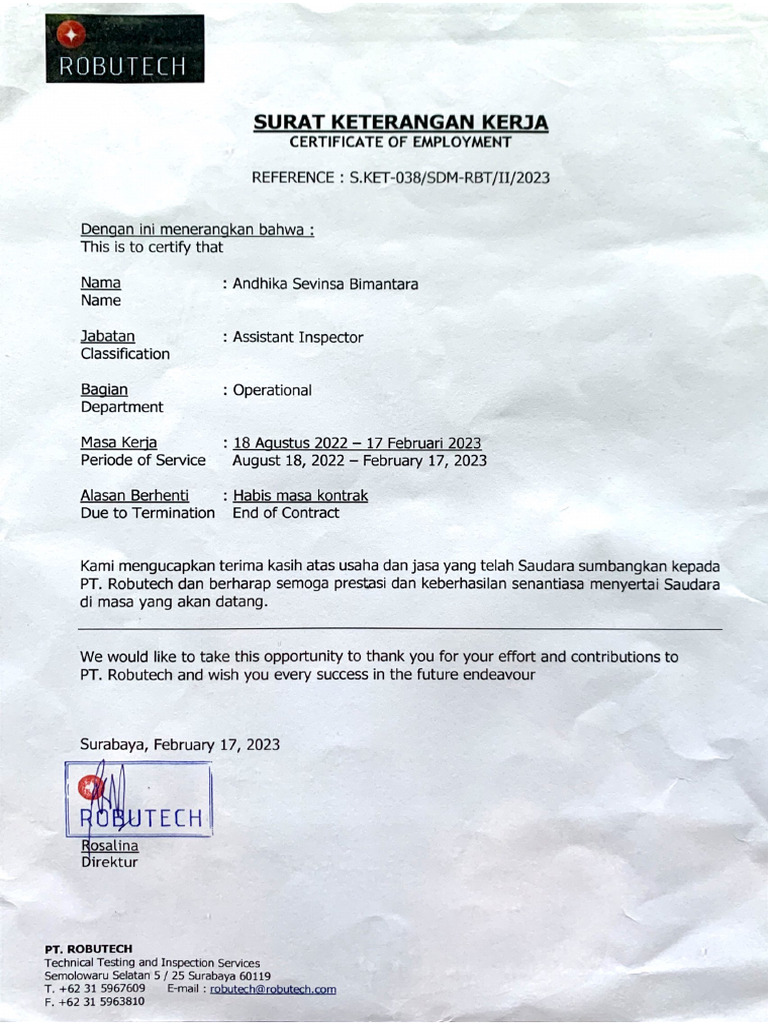 Surat Keterangan Kerja Pt. Robutech | PDF