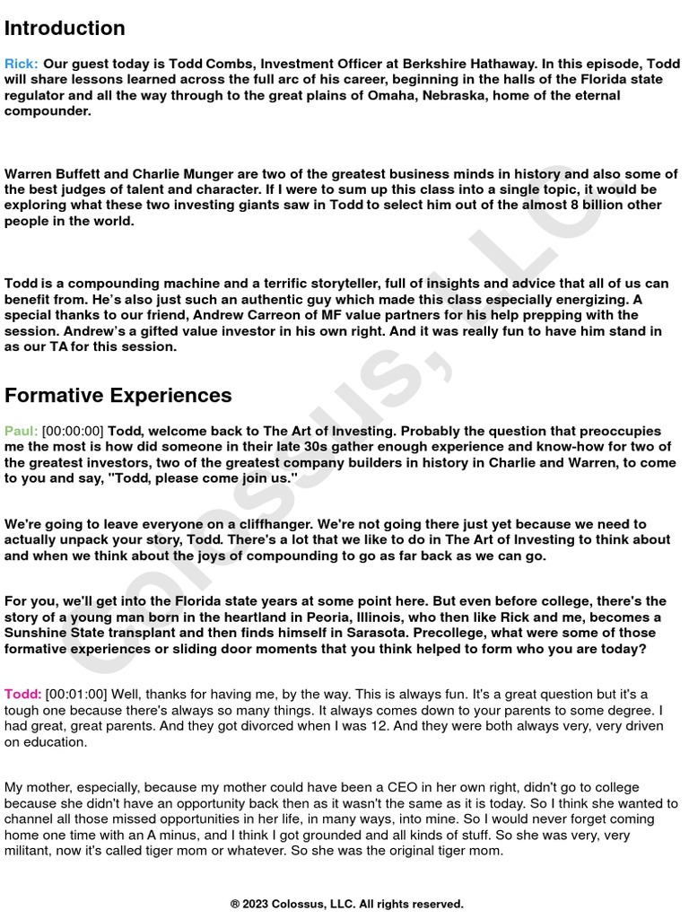 Todd Combs Transcript Art of Investing 10 Oct 2023 | PDF | Balance ...