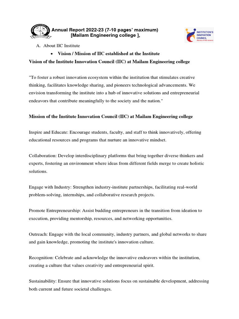 IIC Annual Report 2022 - Format | PDF | Entrepreneurship | Innovation