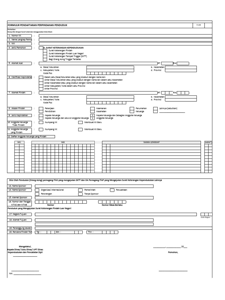 F 103 - Formulir Pendaftaran Perpindahan Penduduk ASLI | PDF