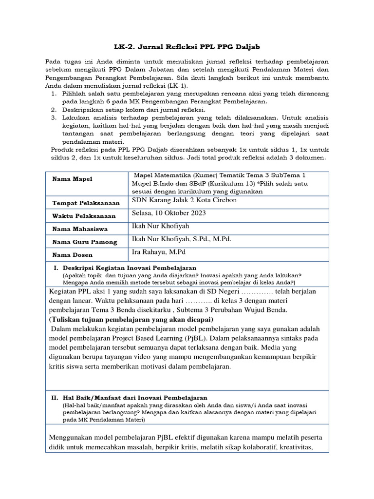 Contoh Pengisian Lk-2. Jurnal Refleksi PPL PPG Daljab | PDF