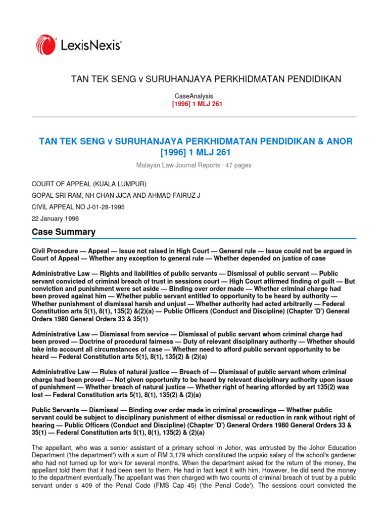 Tan Tek Seng V Suruhanjaya Perkhidmatan Pendidikan (1996) 1 MLJ 261 | PDF | Government ...