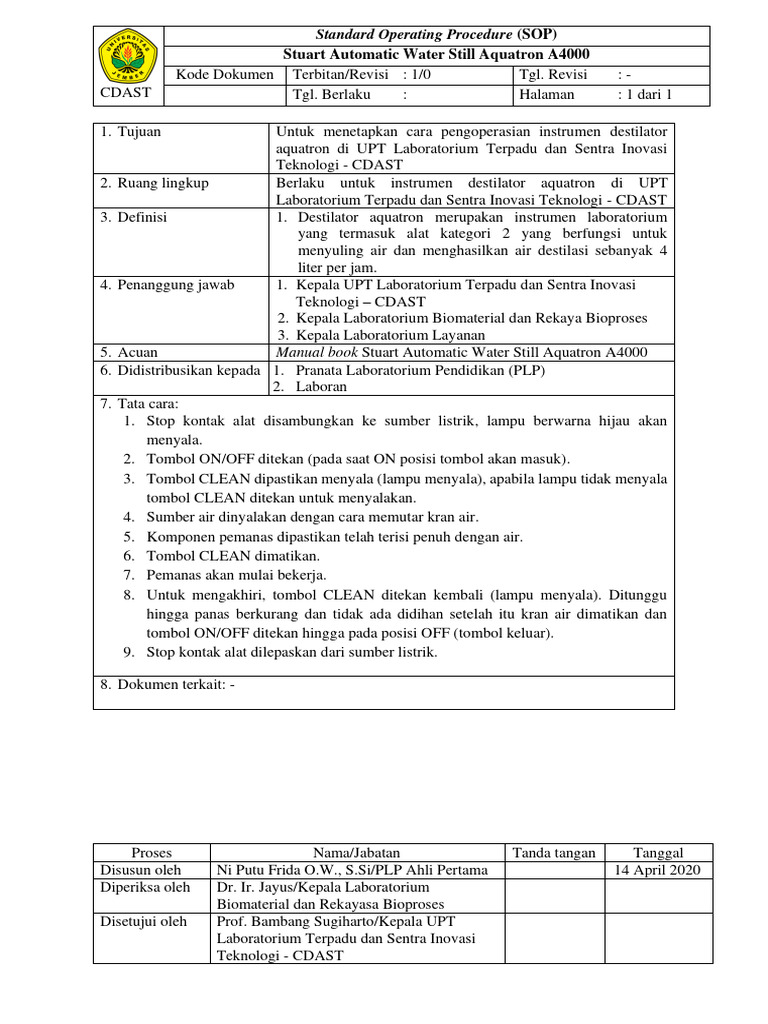 SOP Pengoperasian Destilator | PDF