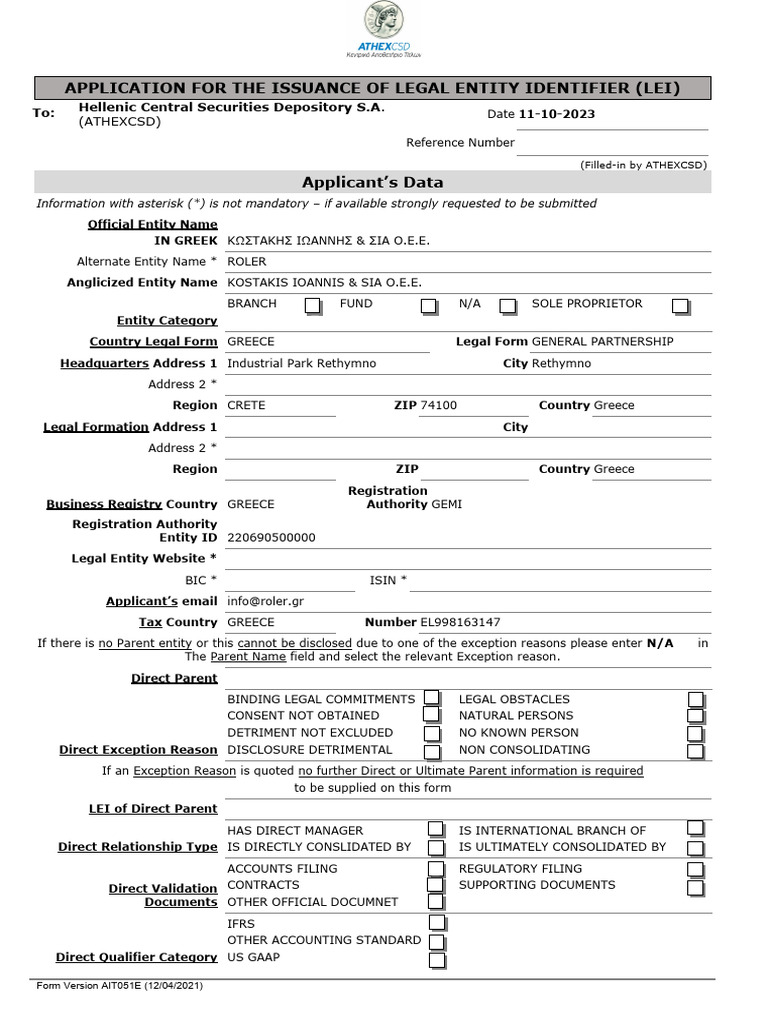 LEI Application for Kostakis Ioannis & SIA | PDF | Value Added Tax ...