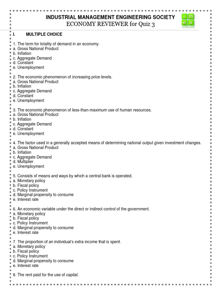 Economy Quiz 3 Reviewer Guide | PDF | Inflation | Business Cycle