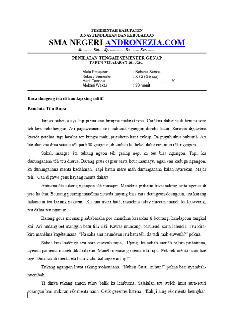 Soal UTS Bahasa Sunda Kelas 10 Semester 2 | PDF