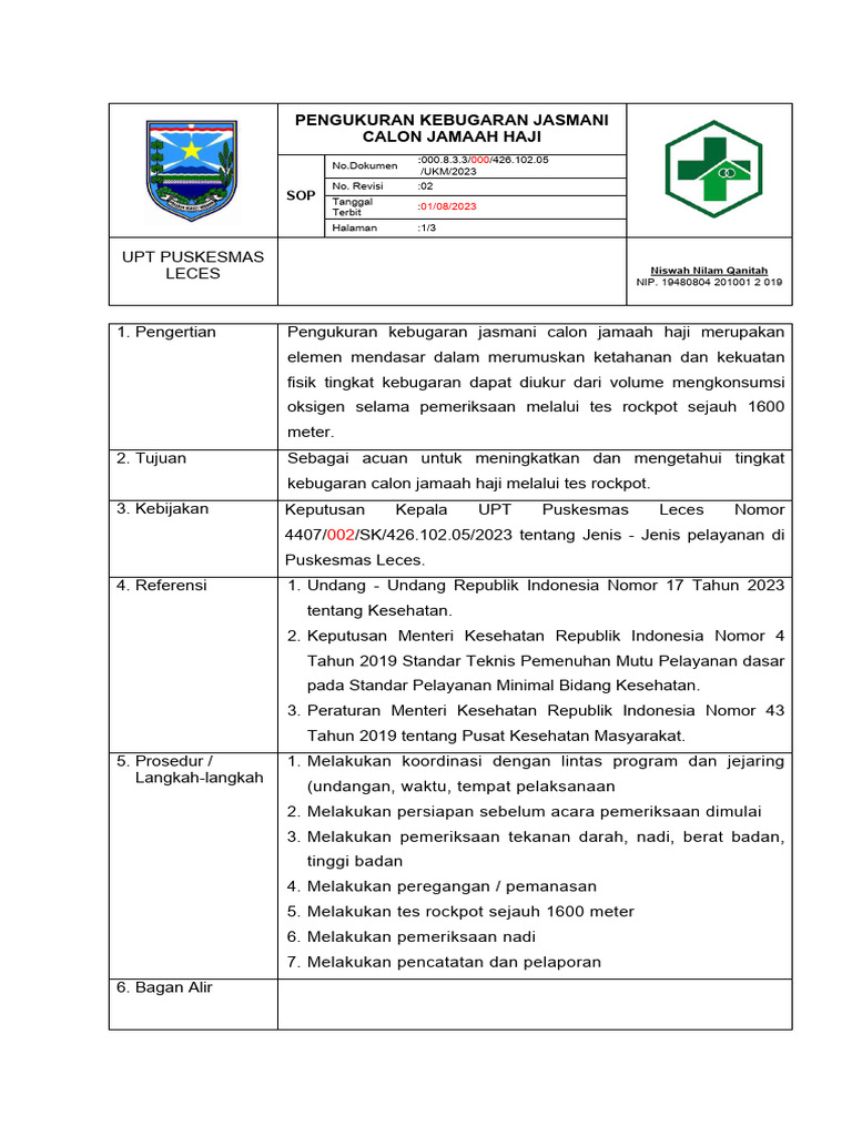 Sop Pemeriksaan Kebugaran Jasmani Calon Jamaah Haji | PDF