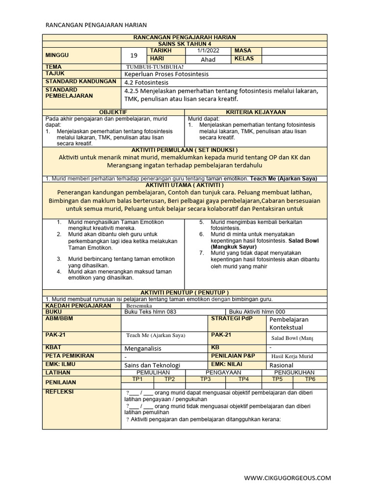 RPH Minggu 19 Sains THN 4 by Cikgu Gorgeous | PDF