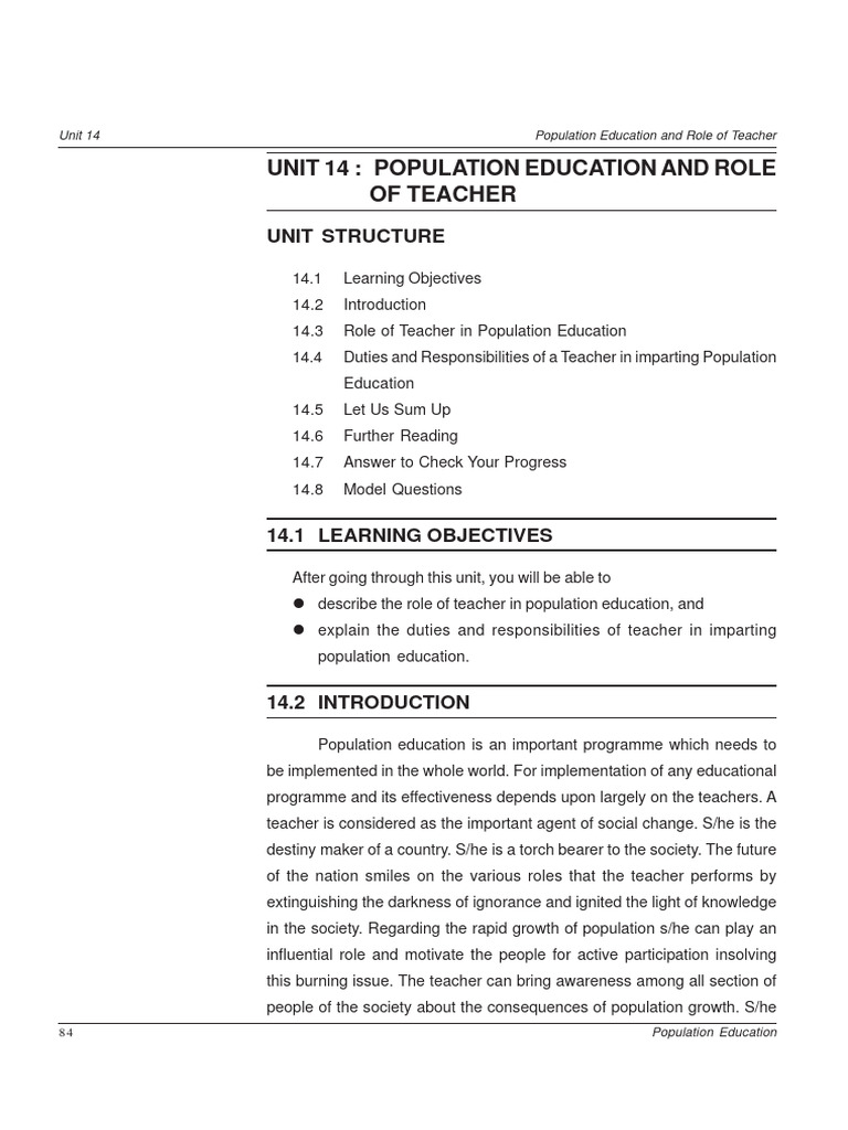 Unit 14: Population Education and Role of Teacher | PDF | Teachers | Society