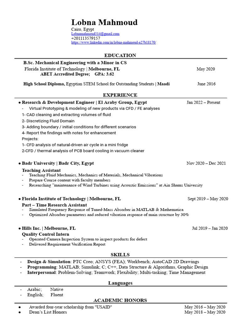 Lobna Mahmoud CV-Mechanical Engineering | PDF | Mechanical Engineering ...
